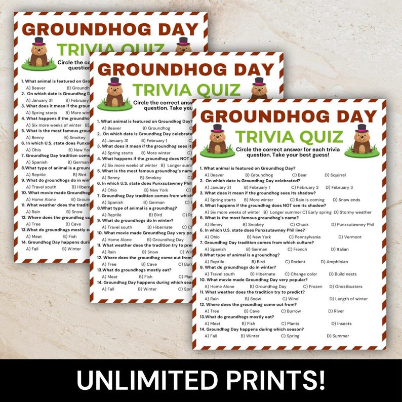 Groundhog Day Trivia Game, Printable Holiday Activity, Family ...