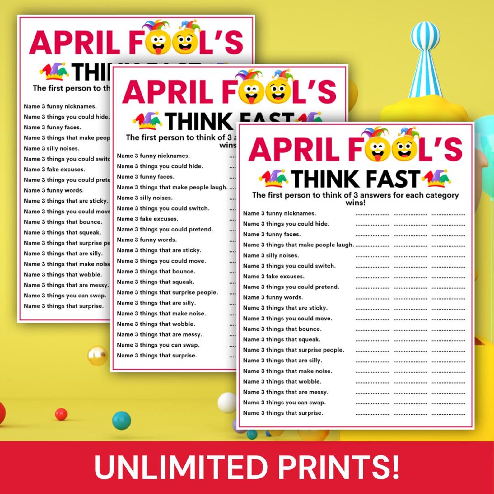 April Fools Think Fast Game, Funny Printable Party Game for Kids ...