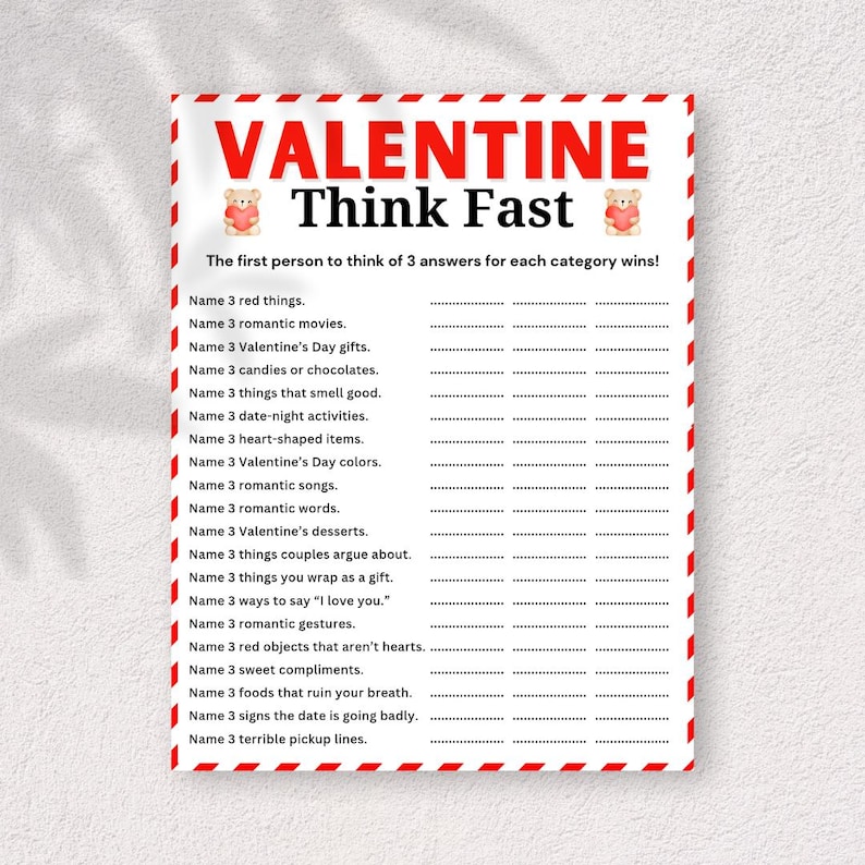 Valentine’s Day Think Fast Game, Valentine Party Game, Fast-paced Love ...