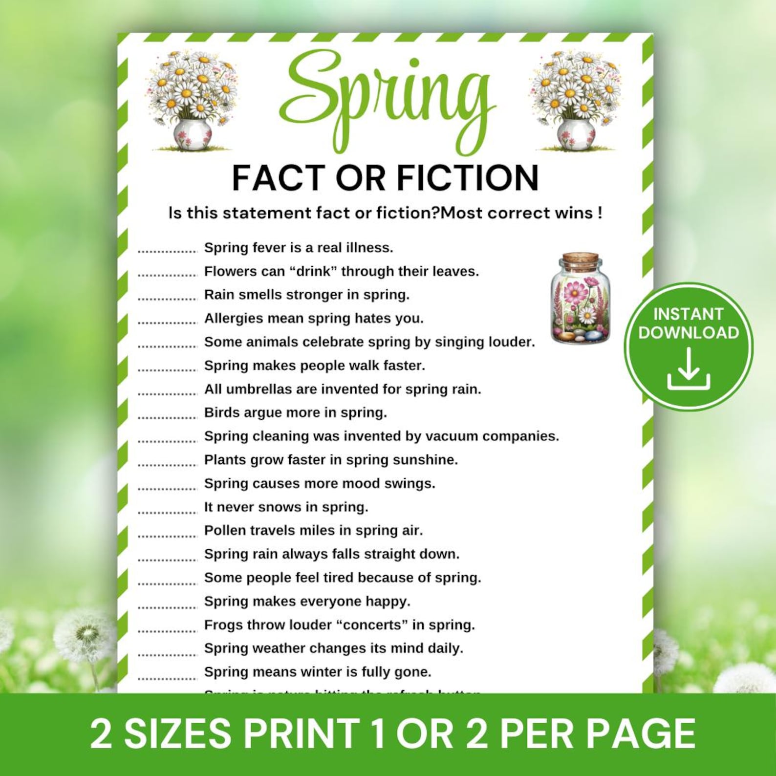 Spring Fact or Fiction Game, Printable Spring Trivia Game for Kids ...