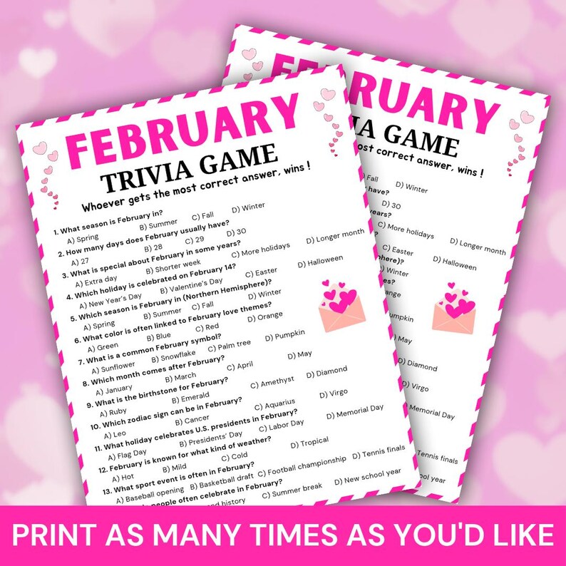 February Trivia Game, Printable Winter & Valentine Trivia Quiz, Fun ...