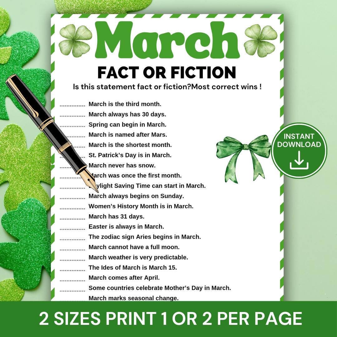 March Fact or Fiction Game, St Patricks Day Party Game, Spring Trivia ...