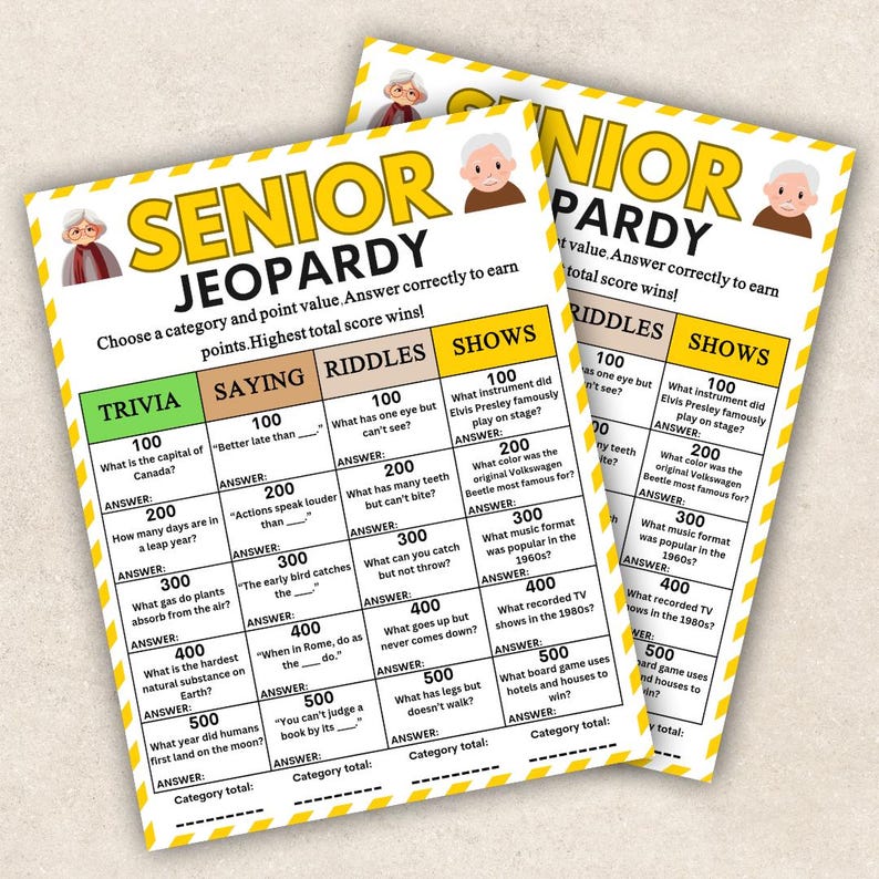 Senior Jeopardy Game Printable, Fun Trivia Game for Seniors Group ...