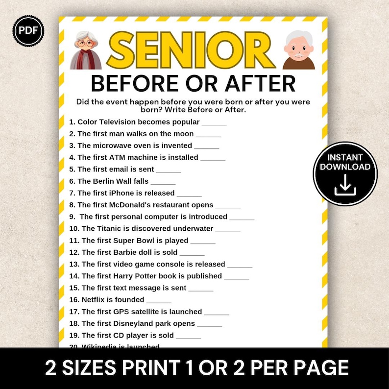 Senior Before or After Game Printable, Senior Trivia Activity, Nursing ...