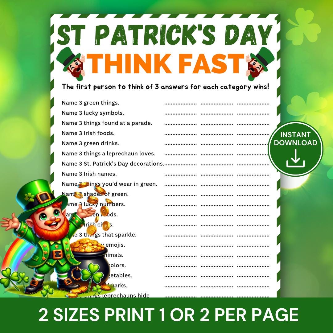 St. Patrick’s Day Think Fast Game, Irish Party Game, Fast Thinking ...