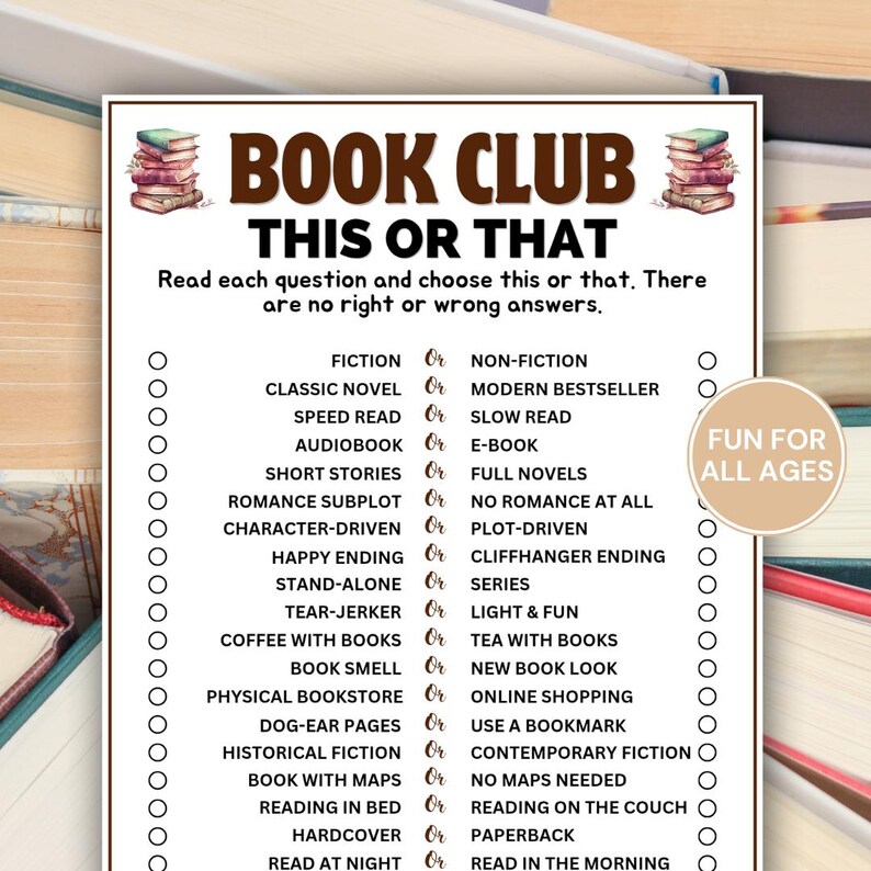This or That Book Club Game, Book Club Game, Book Club Icebreaker Game ...
