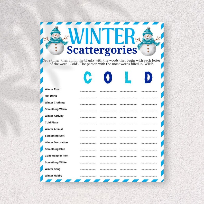 Winter Scattergories Game, Winter Party Game, Think Fast Word Game ...