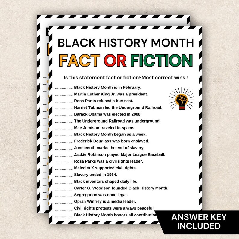 Black History Fact or Fiction Printable Game, Black History Month ...