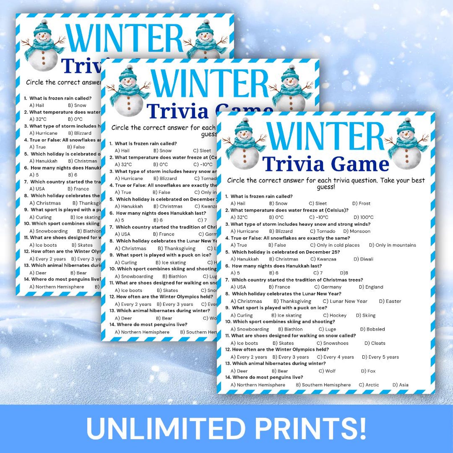 Winter Trivia Game, Winter Party Game, Cold Weather Trivia Quiz, Family ...