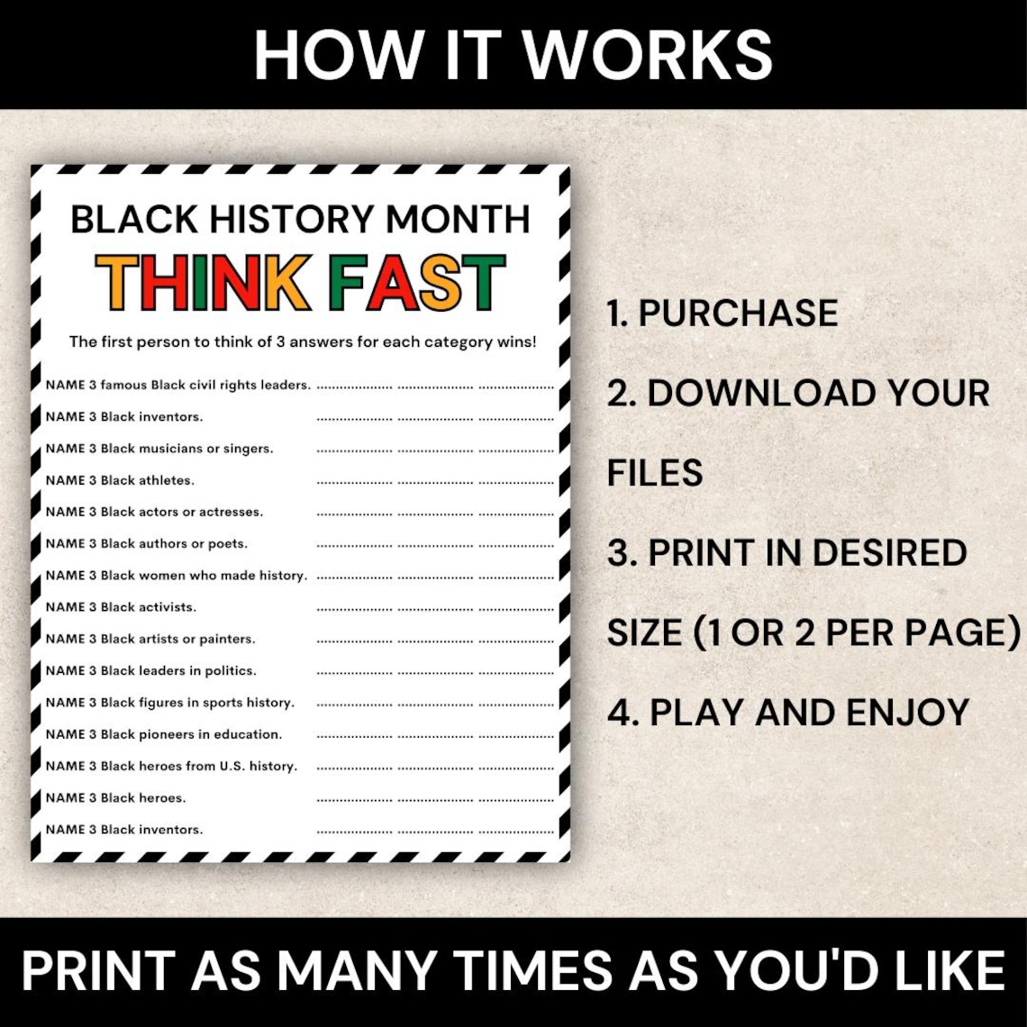 Black History Think Fast Printable Game, Black History Month Classroom ...