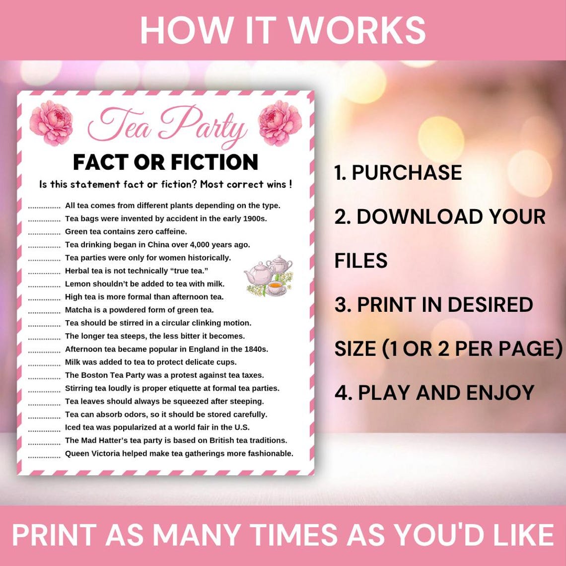 Tea Party Fact or Fiction Game, Tea Party True or False Quiz, Ladies ...