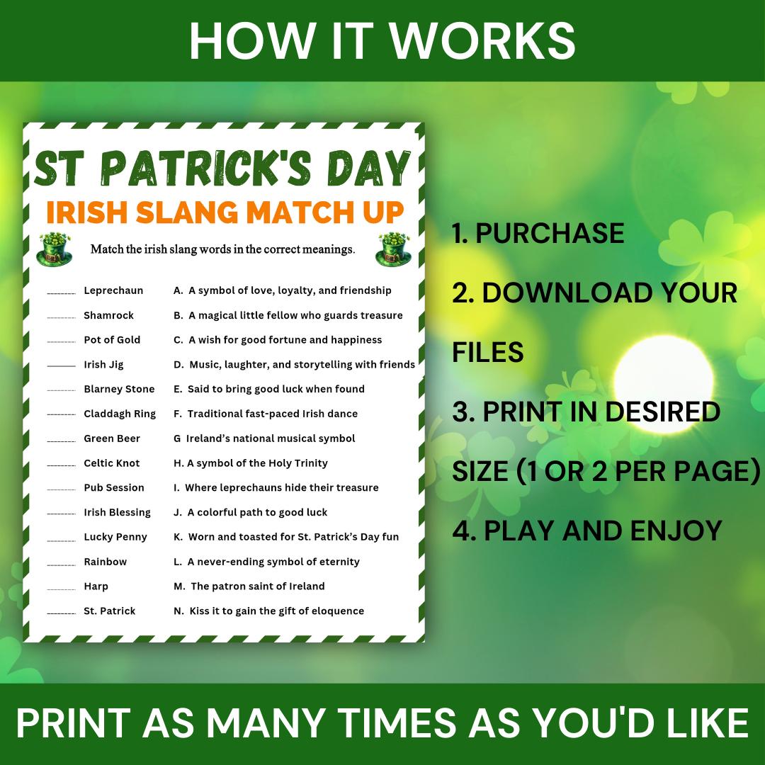 St. Patrick’s Day Irish Slang Match up Game, Printable Irish Vocabulary ...