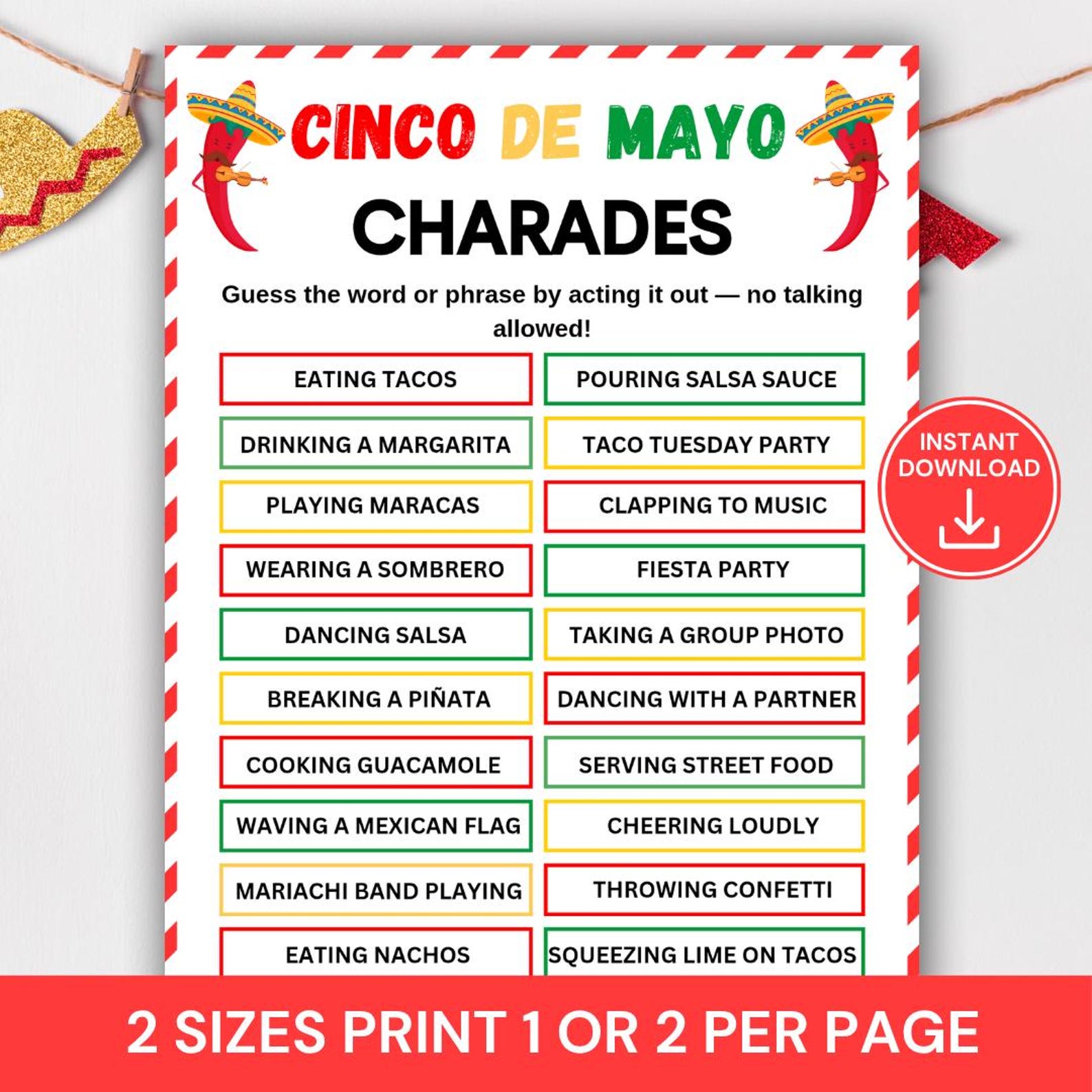 Cinco De Mayo Charades Game Printable, Fiesta Party Game, Mexican Theme ...