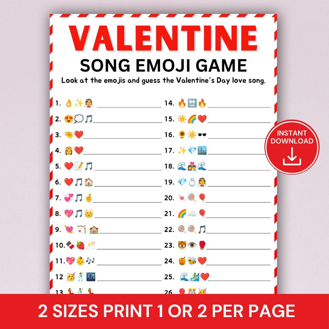 Valentine’s Day Song Emoji Game, Guess the Love Song Game, Valentine ...