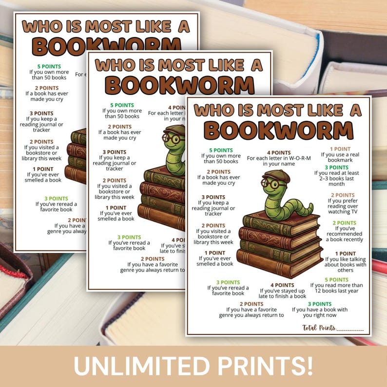 Who is Most Like a Bookworm Game, Book Club Party Game, Bookish Game ...