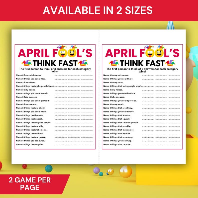 April Fools Think Fast Game, Funny Printable Party Game for Kids ...