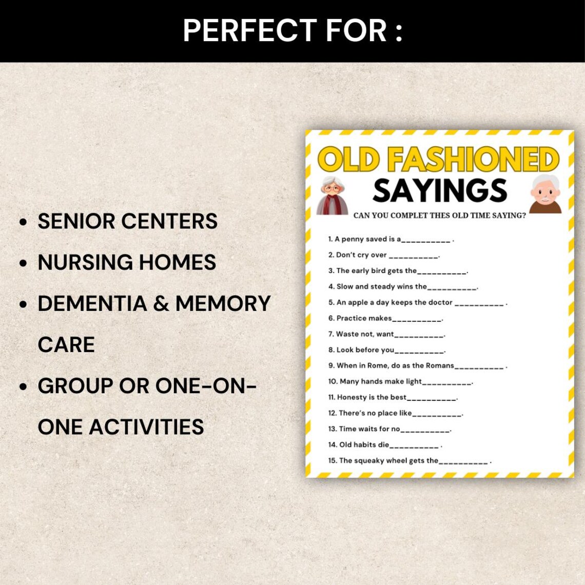Old Fashioned Sayings Game, Senior Word Match, Printable Elderly Game ...