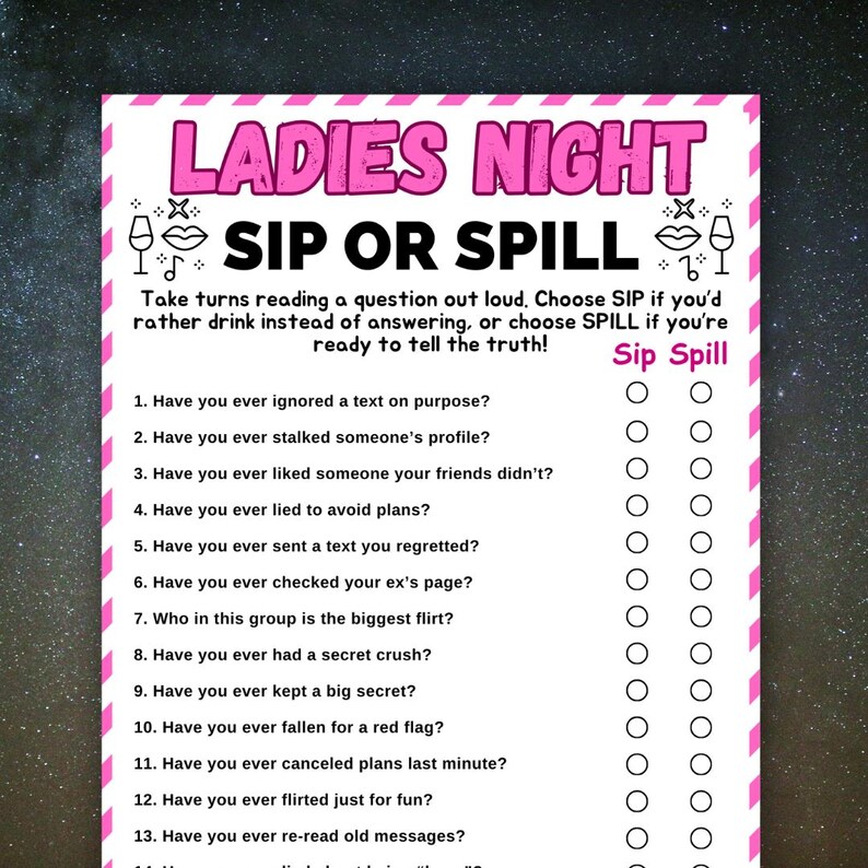 Ladies Night Sip or Spill Game Printable, Girls Night Drinking Game ...
