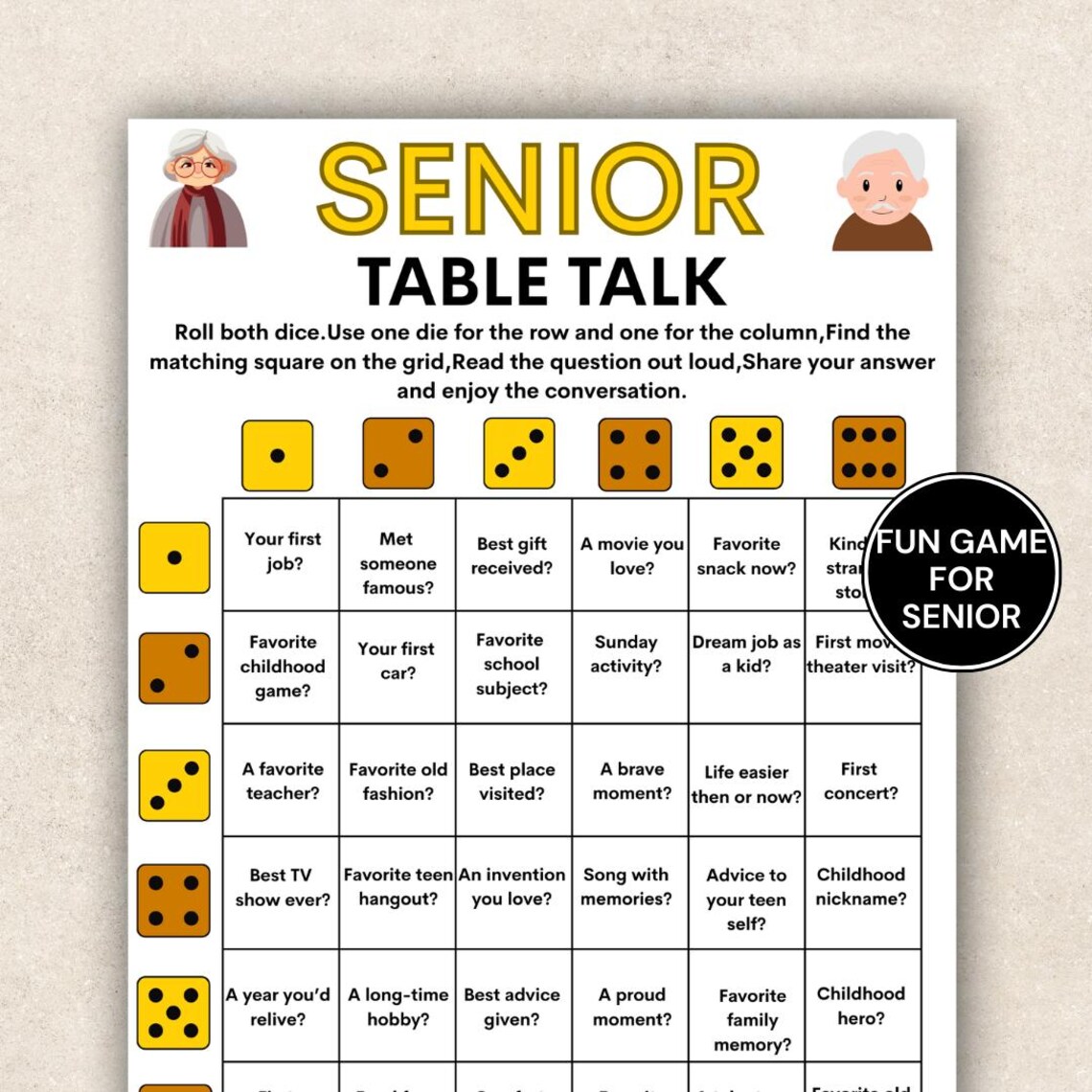 Senior Table Talk Dice Game, Printable Conversation Game for Seniors ...
