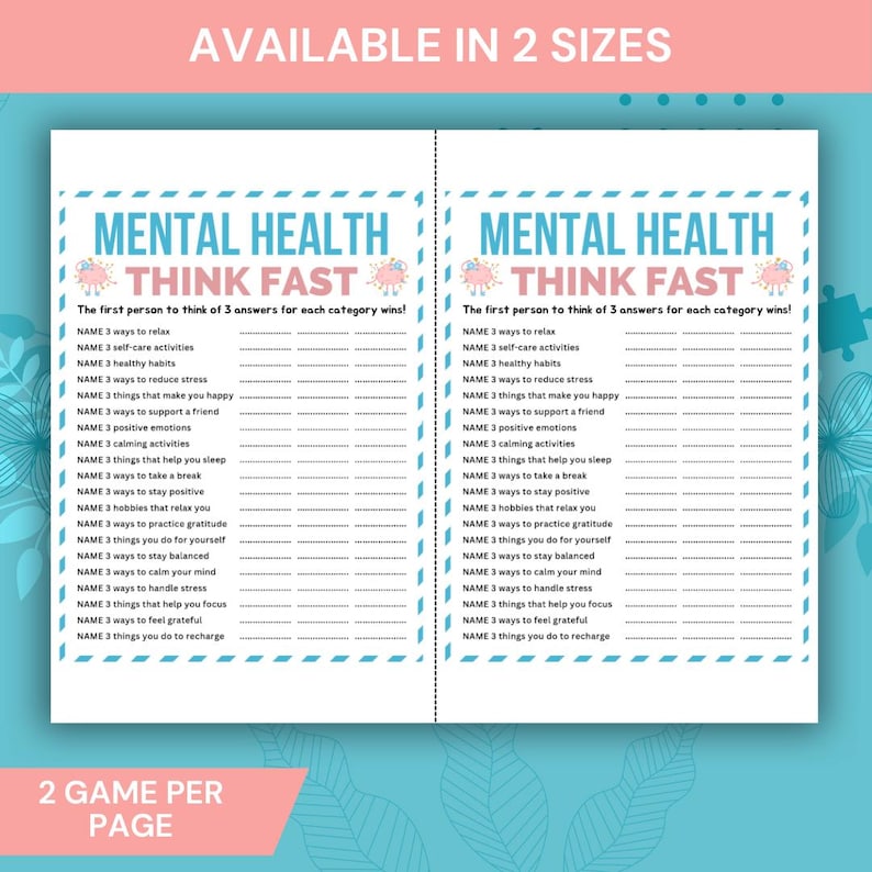 Mental Health Think Fast Game Printable, Wellness Group Activity ...