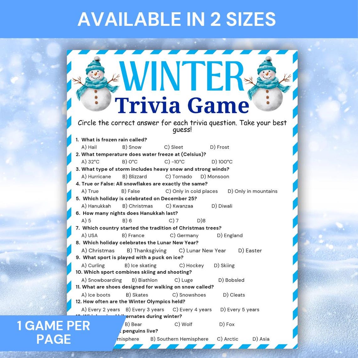 Winter Trivia Game, Winter Party Game, Cold Weather Trivia Quiz, Family ...