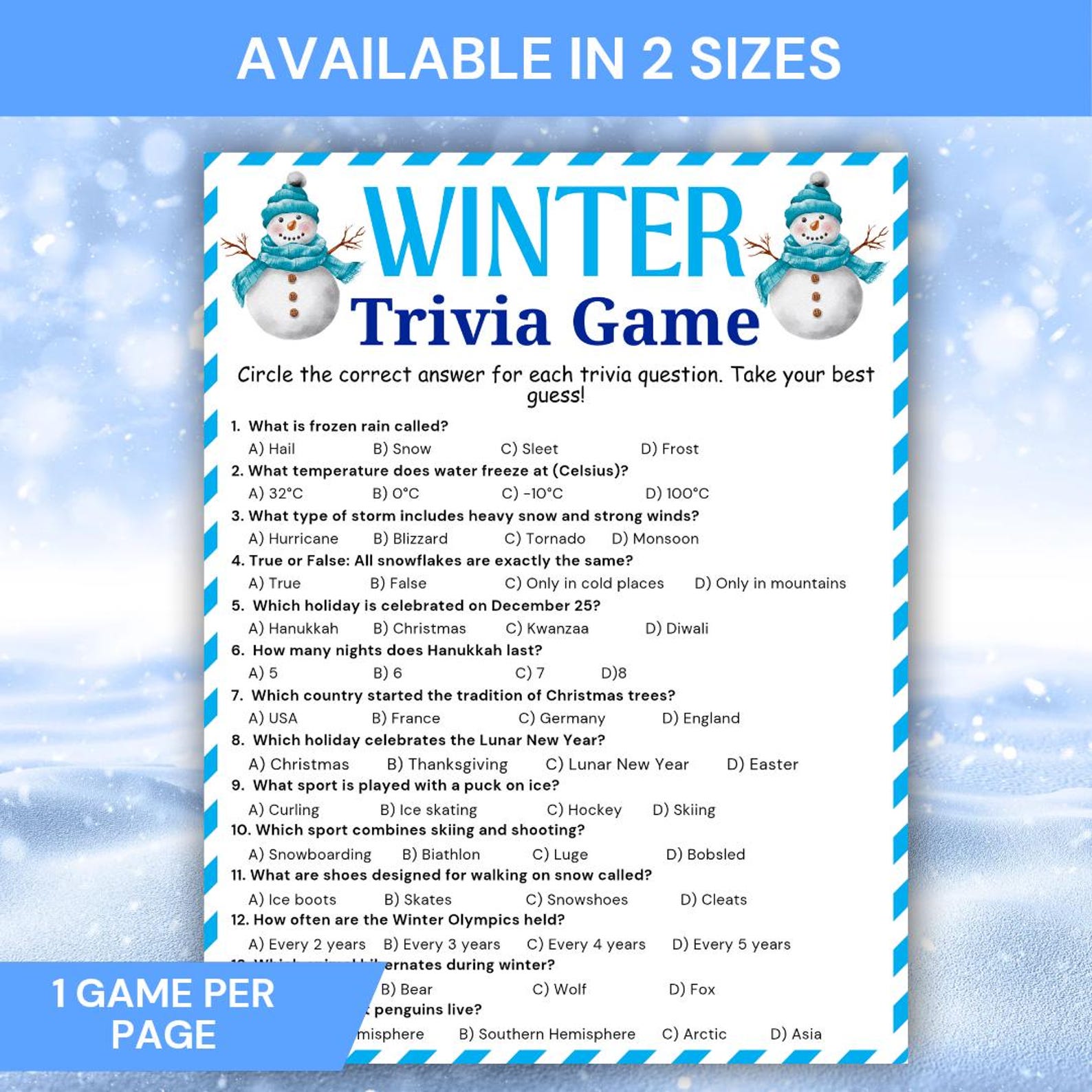 Winter Trivia Game, Winter Party Game, Cold Weather Trivia Quiz, Family ...