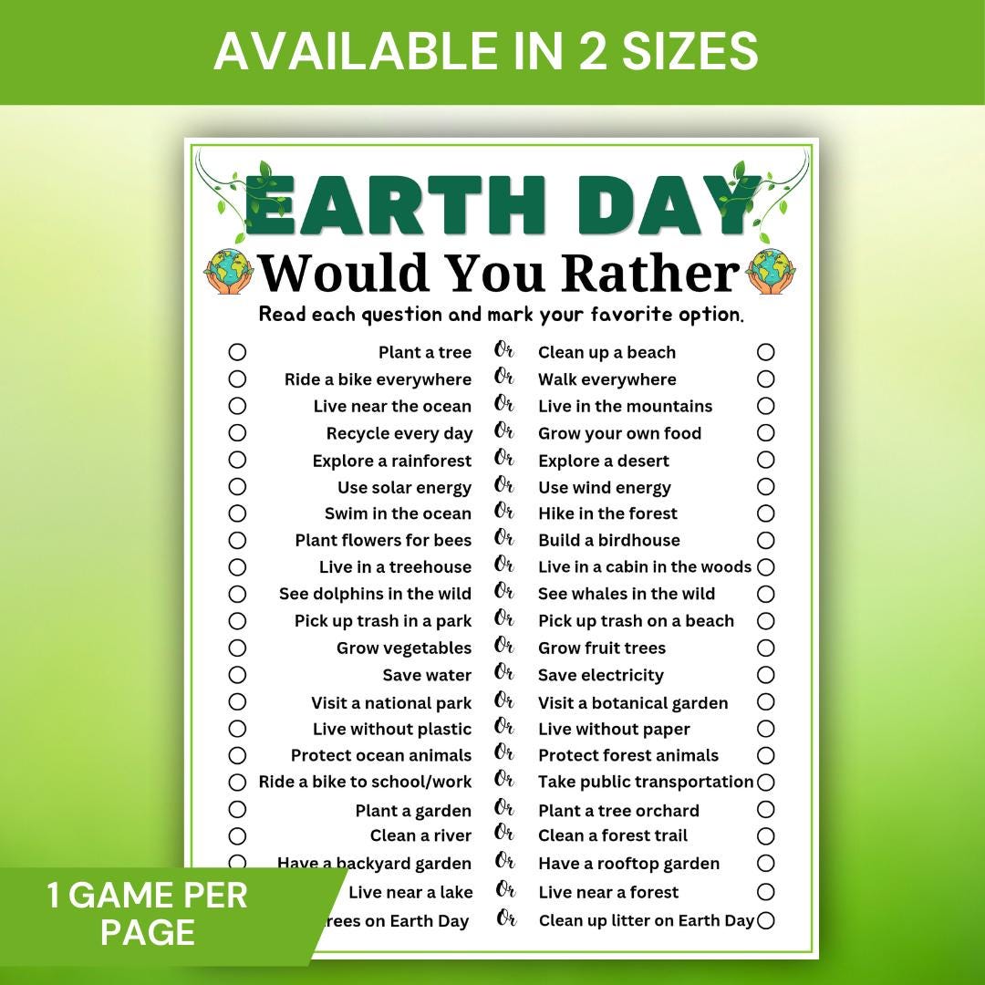 Earth Day Would You Rather Game, Fun Earth Day Activity for Kids Adults ...