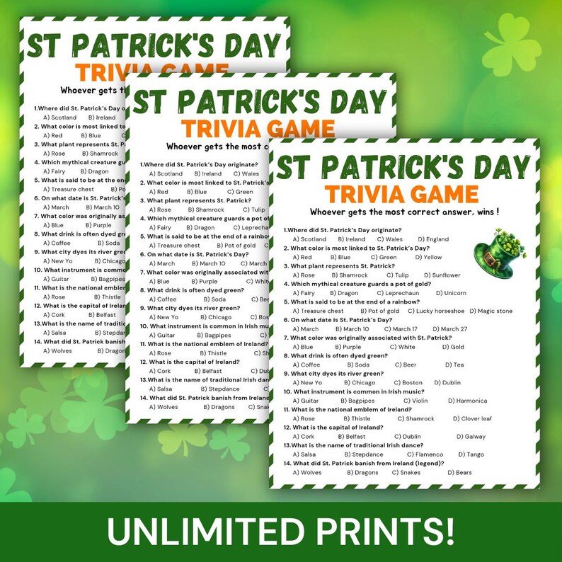St. Patrick’s Day Trivia Game, Quiz Printable, St Patricks Day Party ...