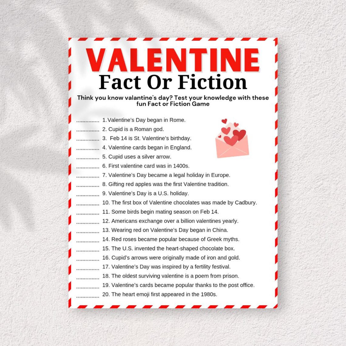 Valentine’s Day Fact or Fiction Game, Valentine Party Game, True or ...