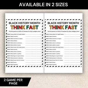 Black History Think Fast Printable Game, Black History Month Classroom ...