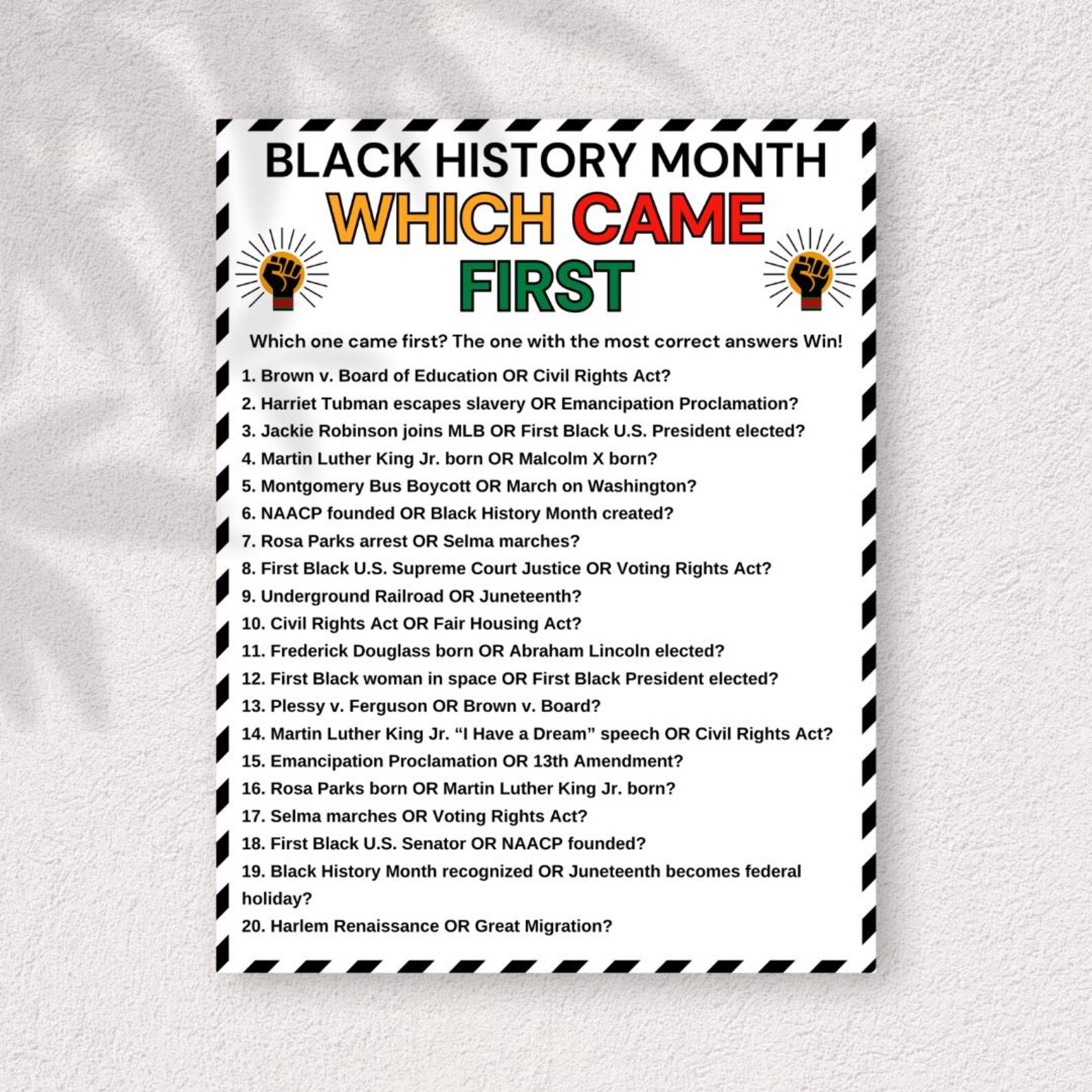 Black History Which Came First Printable Game, Black History Month ...