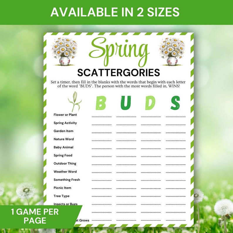 Spring Scattergories Game Printable, Spring Party Word Game, Spring ...