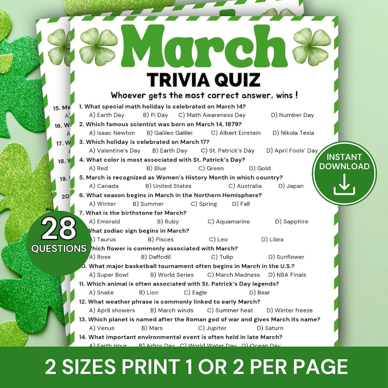 March Trivia Game, St Patricks Day Trivia Quiz, Spring Party Game ...
