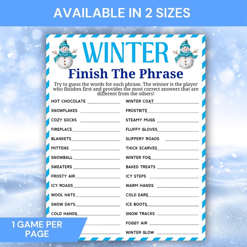Winter Finish the Phrase Game, Winter Party Game, Fun Winter Word Game ...