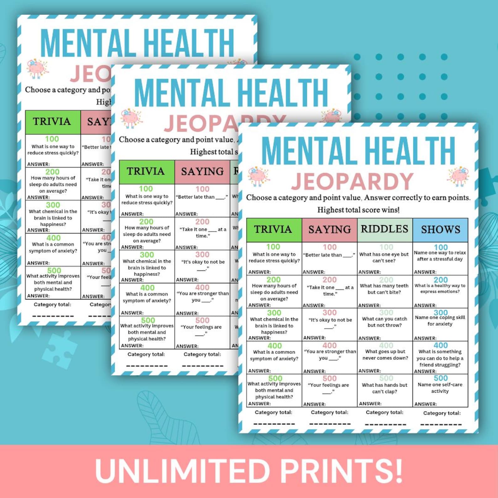Mental Health Jeopardy Game Printable, Wellness Trivia Game, Therapy ...