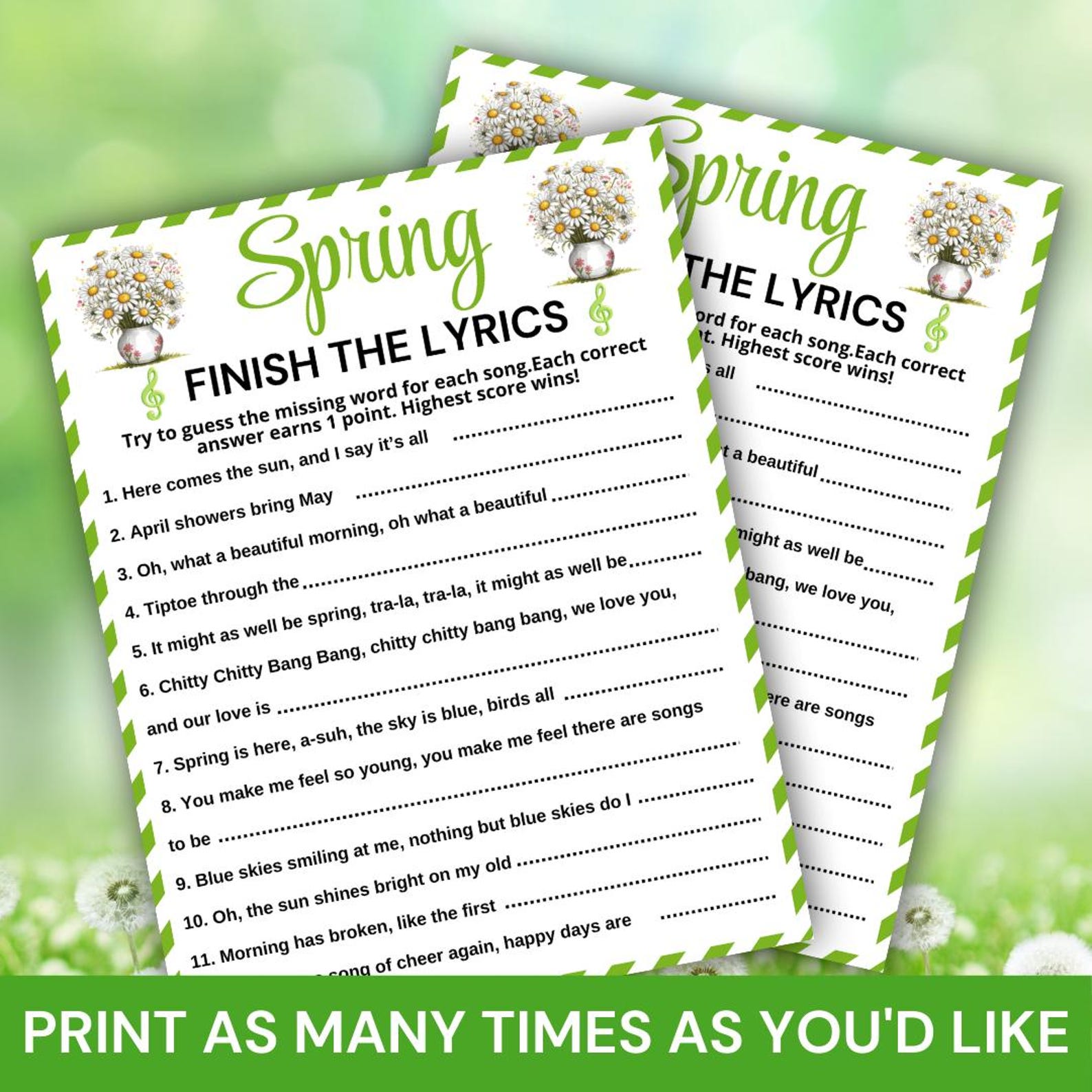 Spring Finish the Lyrics Game Printable, Spring Music Trivia Game for ...