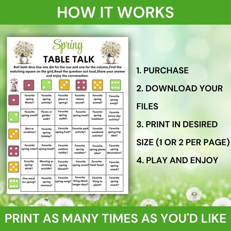 Spring Table Talk Dice Game, Spring Conversation Starter Game, Spring ...