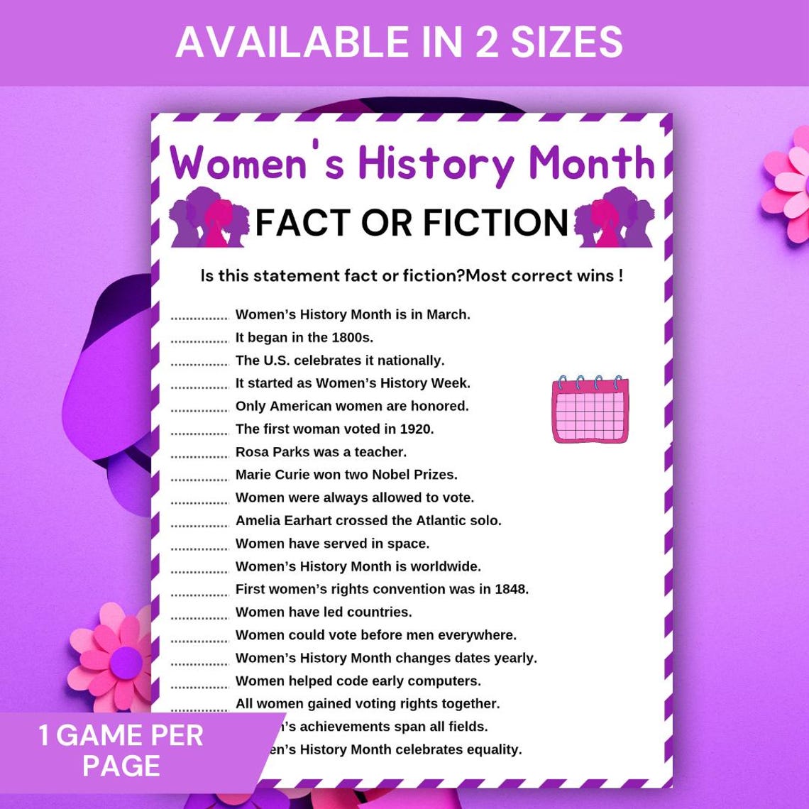 Women’s History Month Fact or Fiction Game, Printable Women’s Day Quiz ...