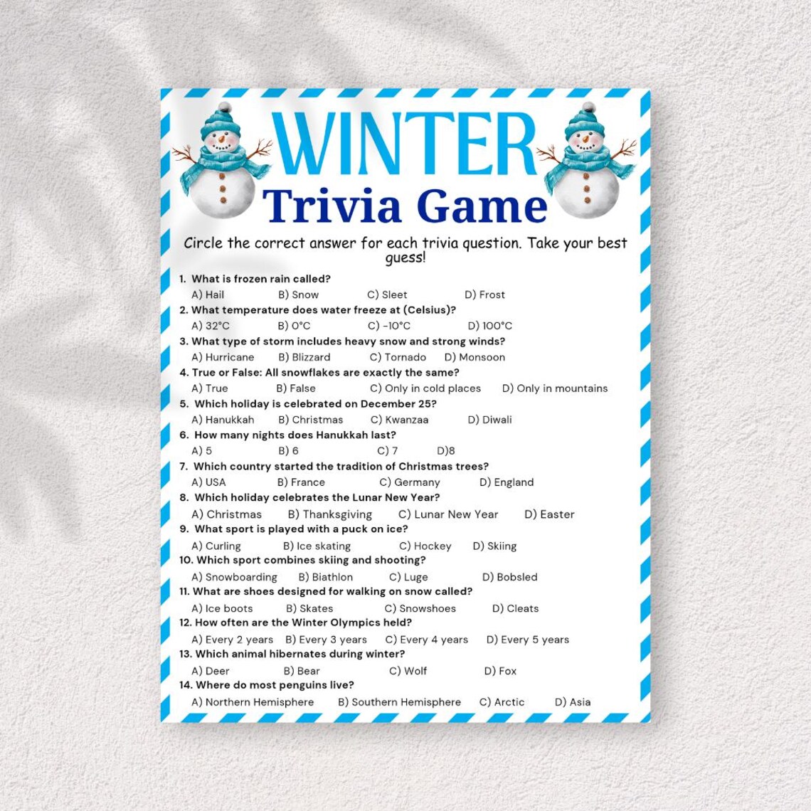 Winter Trivia Game, Winter Party Game, Cold Weather Trivia Quiz, Family ...