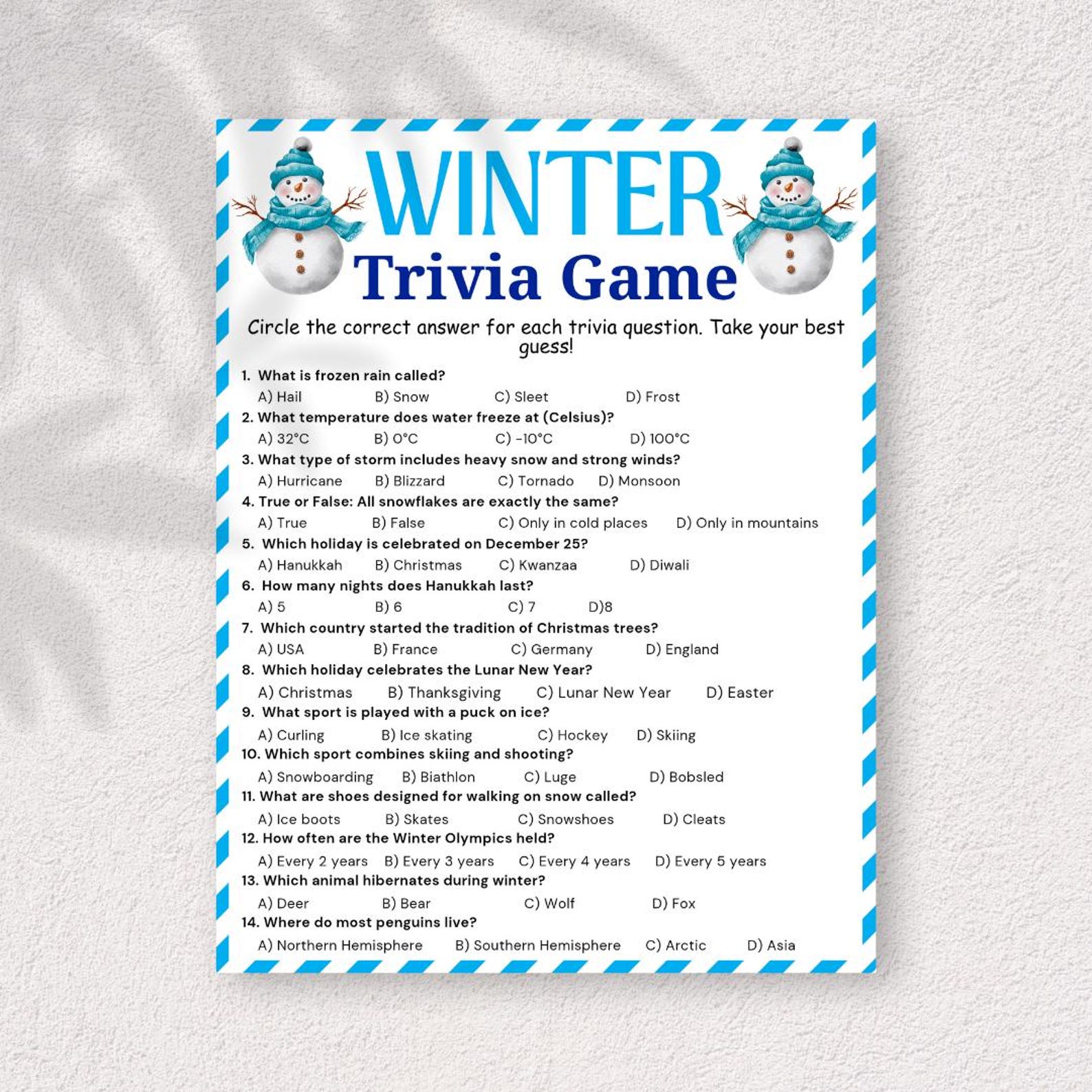 Winter Trivia Game, Winter Party Game, Cold Weather Trivia Quiz, Family ...