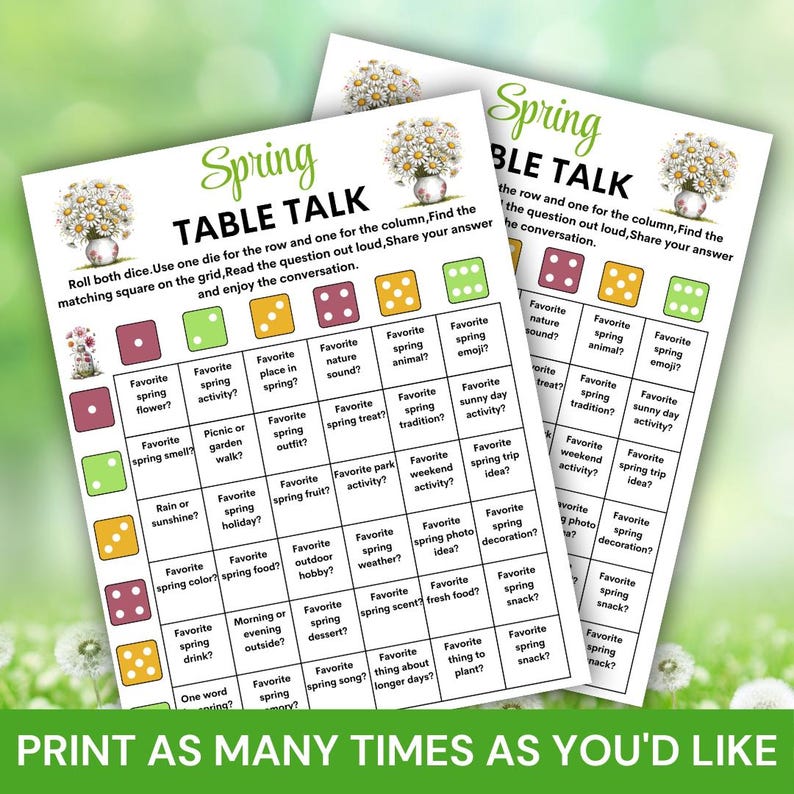 Spring Table Talk Dice Game, Spring Conversation Starter Game, Spring ...
