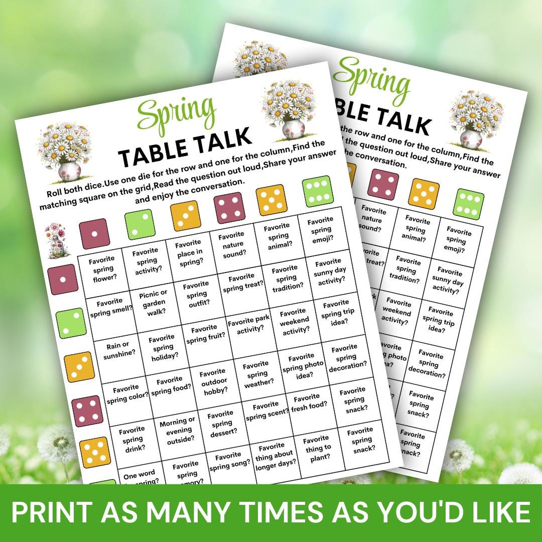 Spring Table Talk Dice Game, Spring Conversation Starter Game, Spring ...