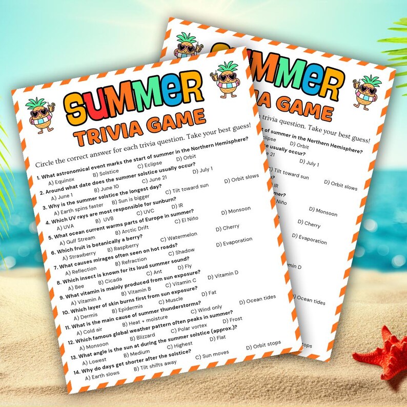 Summer Trivia Game, Summer Trivia Quiz, Summer Party Game, Summer ...