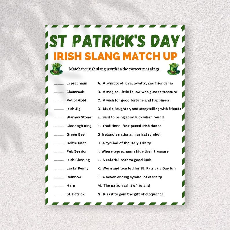 St. Patrick’s Day Irish Slang Match up Game, Printable Irish Vocabulary ...