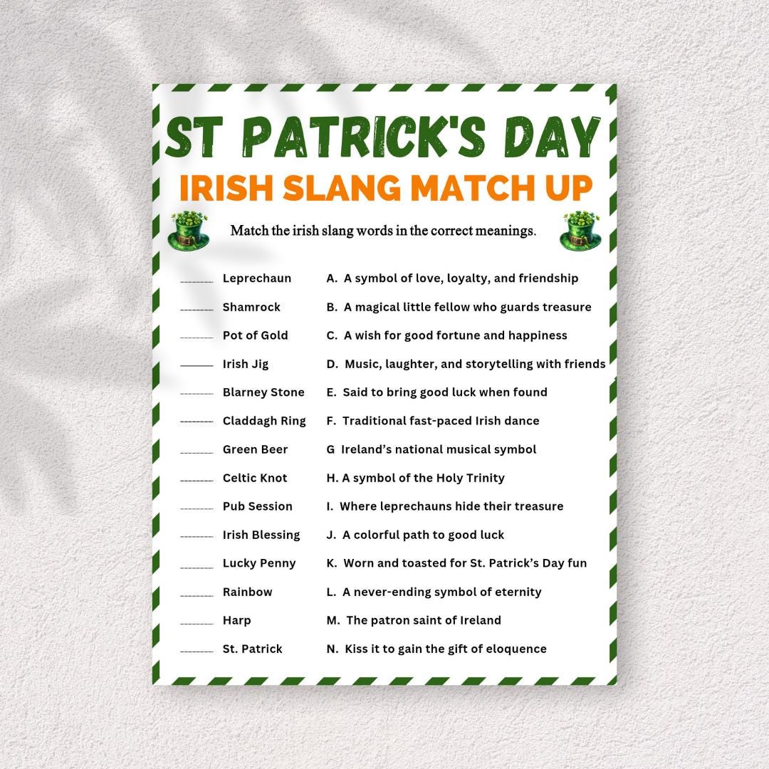 St. Patrick’s Day Irish Slang Match up Game, Printable Irish Vocabulary ...