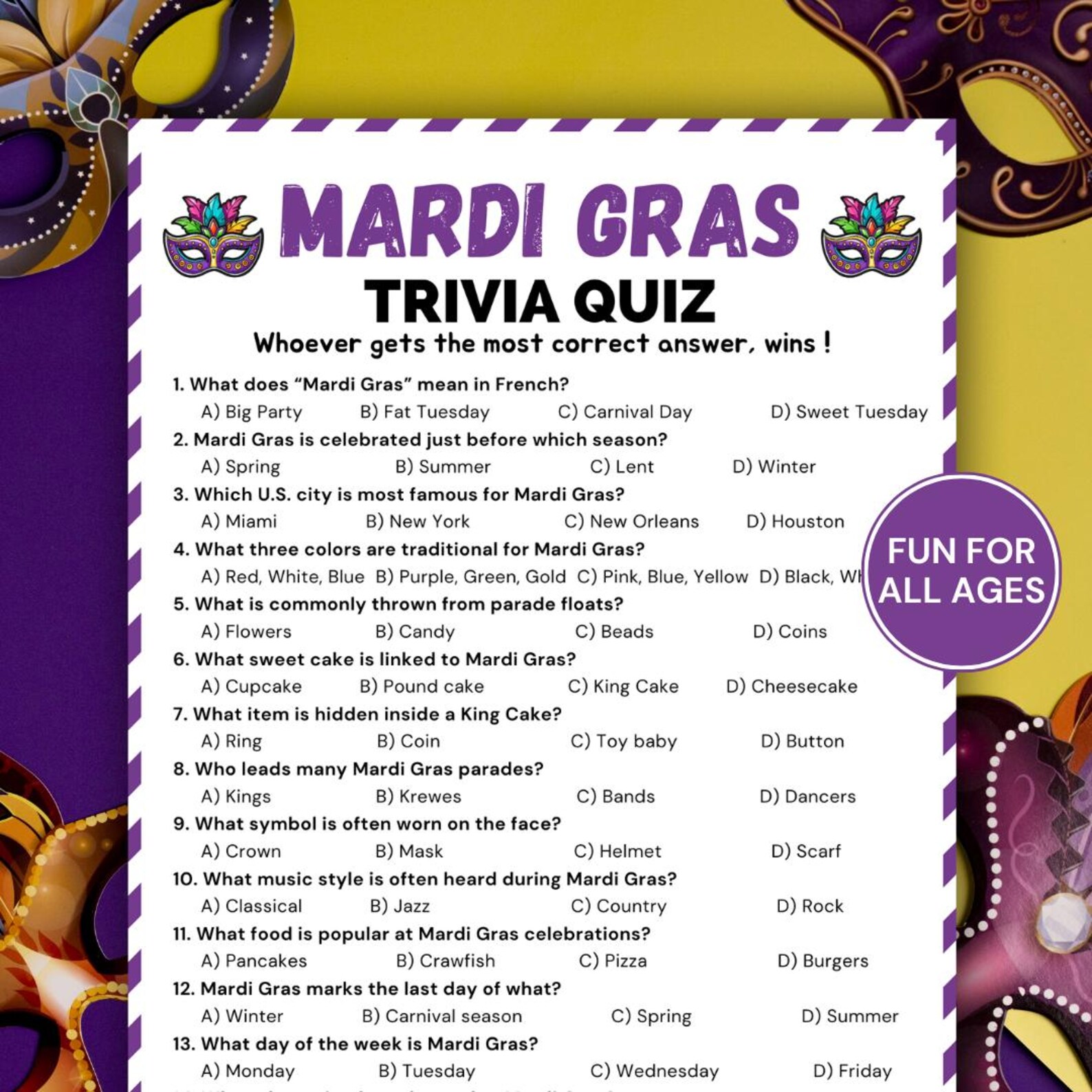 Mardi Gras Trivia Game, Printable Fat Tuesday Quiz, Fun Group Mardi ...
