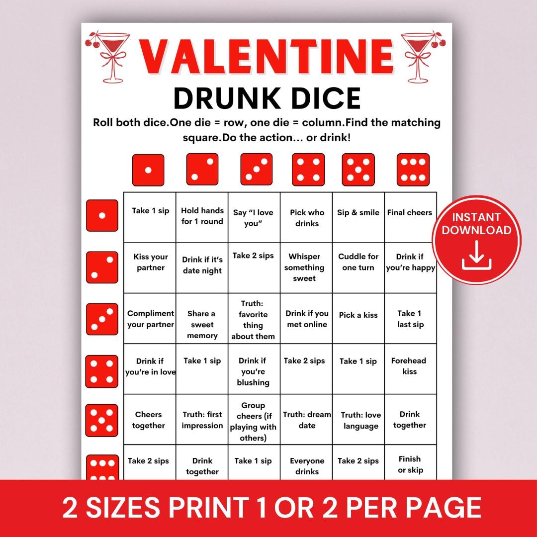 Valentine Drunk Dice Game, Printable Valentine’s Day Drinking Game for ...