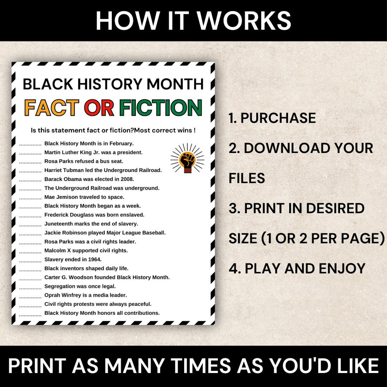 Black History Fact or Fiction Printable Game, Black History Month ...