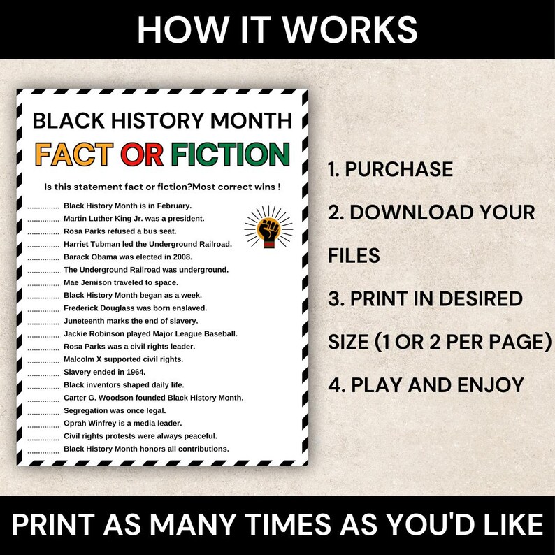 Black History Fact or Fiction Printable Game, Black History Month ...