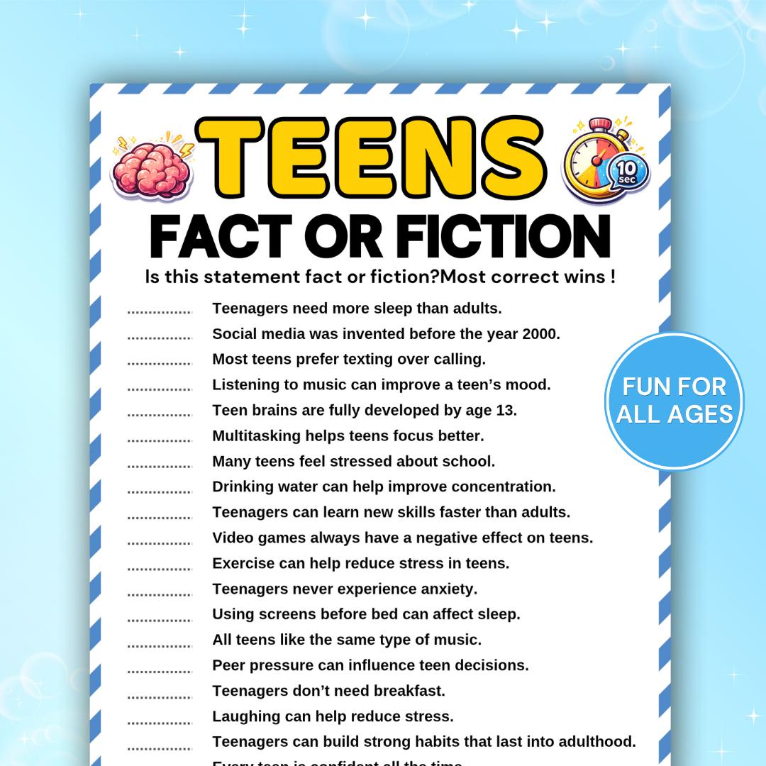 Teens Fact or Fiction Game Printable, Teen Trivia Quiz, Classroom ...